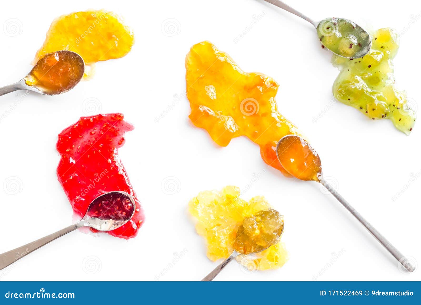 Fruit Jam. Colorful Dessert Smashed by Spoons on White Desk Stock Image ...