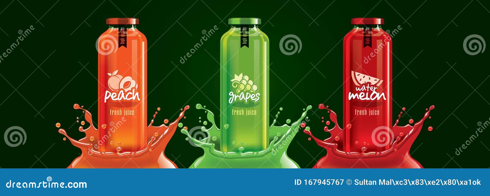 Fruit Juice Splash Bottle Set, Peach, Grape, Watermelon Sticker Design ...