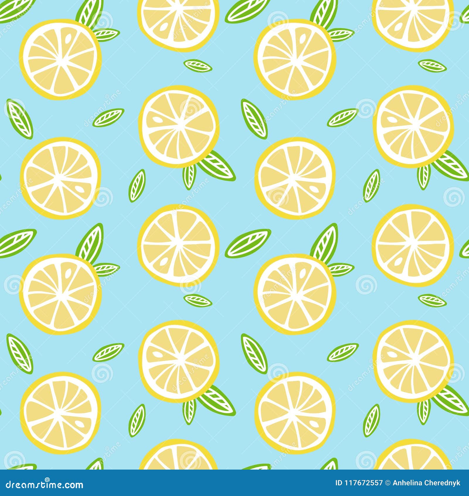 Fruit Lemon with Green Leaves on a Light Blue Background Pattern Stock ...