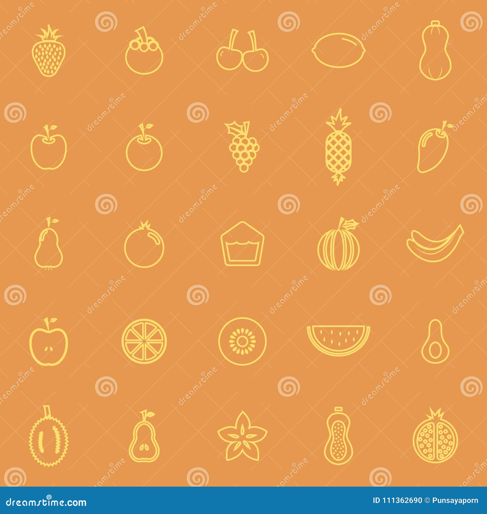 Fruit Line Color Icons on Orange Background Stock Vector - Illustration ...