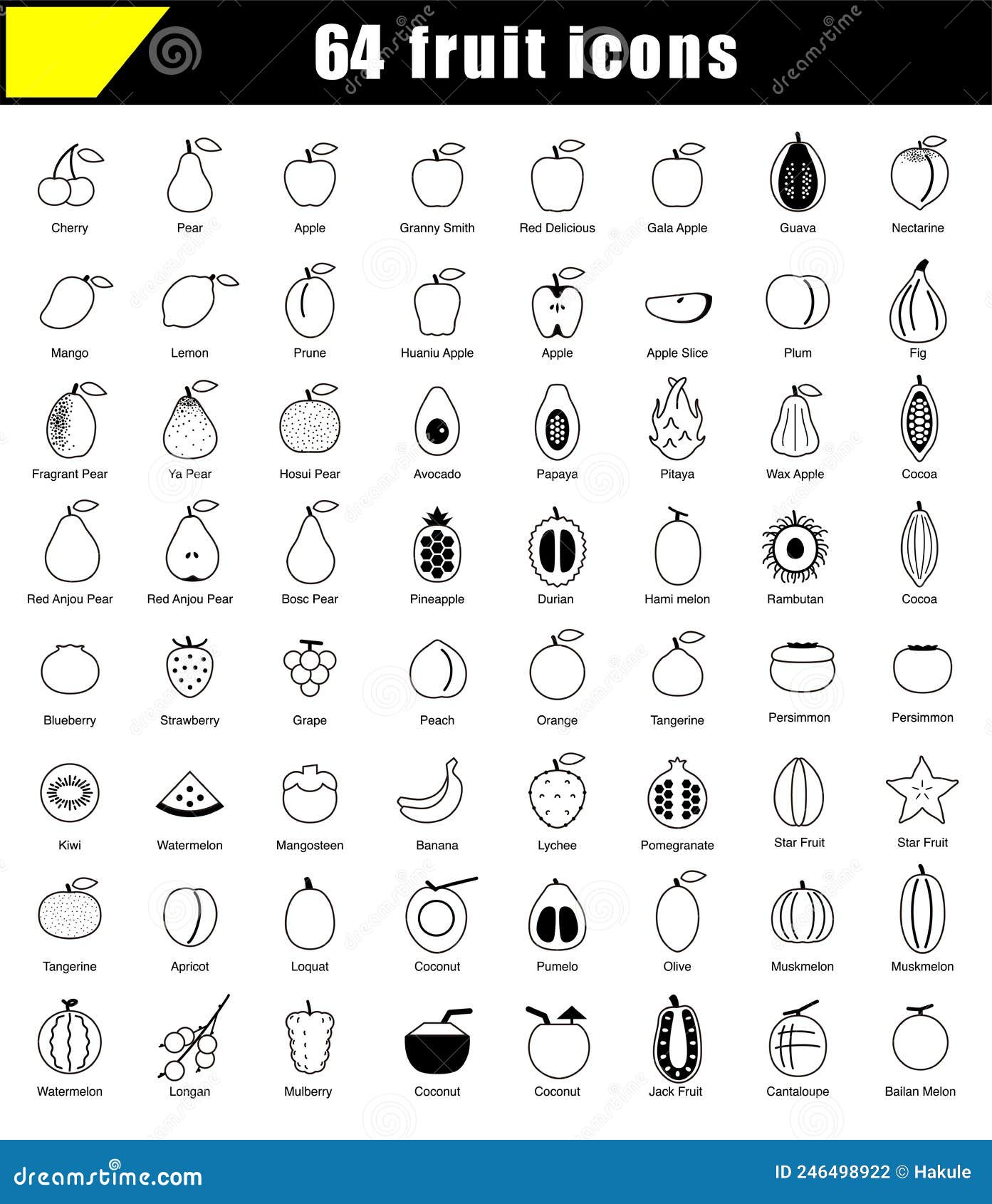64 Fruit Line Icons Vector Illustration Stock Vector - Illustration of ...