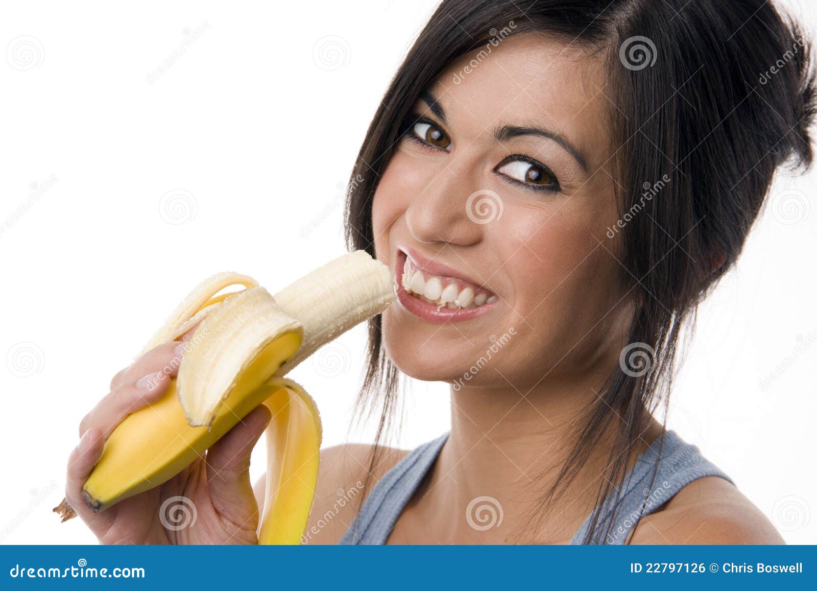 Fruit Lover Woman Takes Bite of Fruit Banana Stock Photo - Image of ...