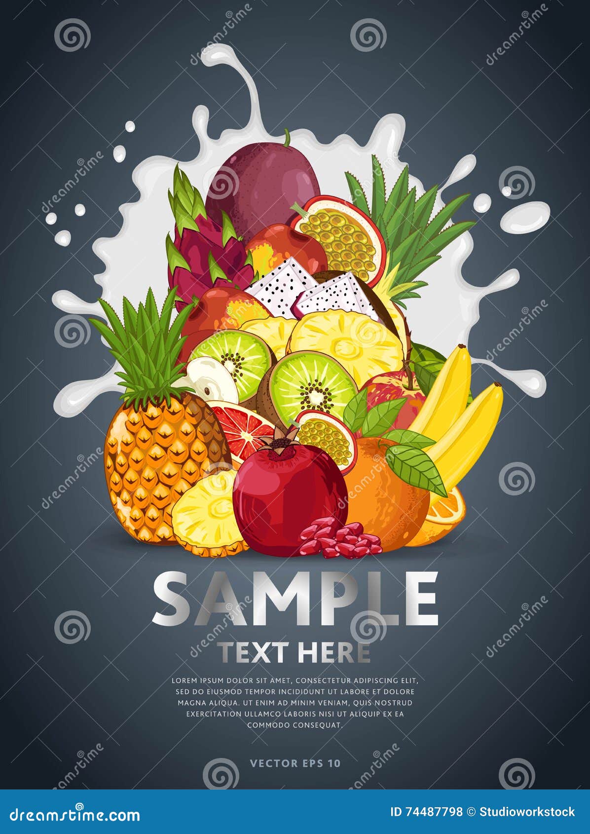 Fruit Mix On Milk Splash Vector Illustration | CartoonDealer.com #74487798
