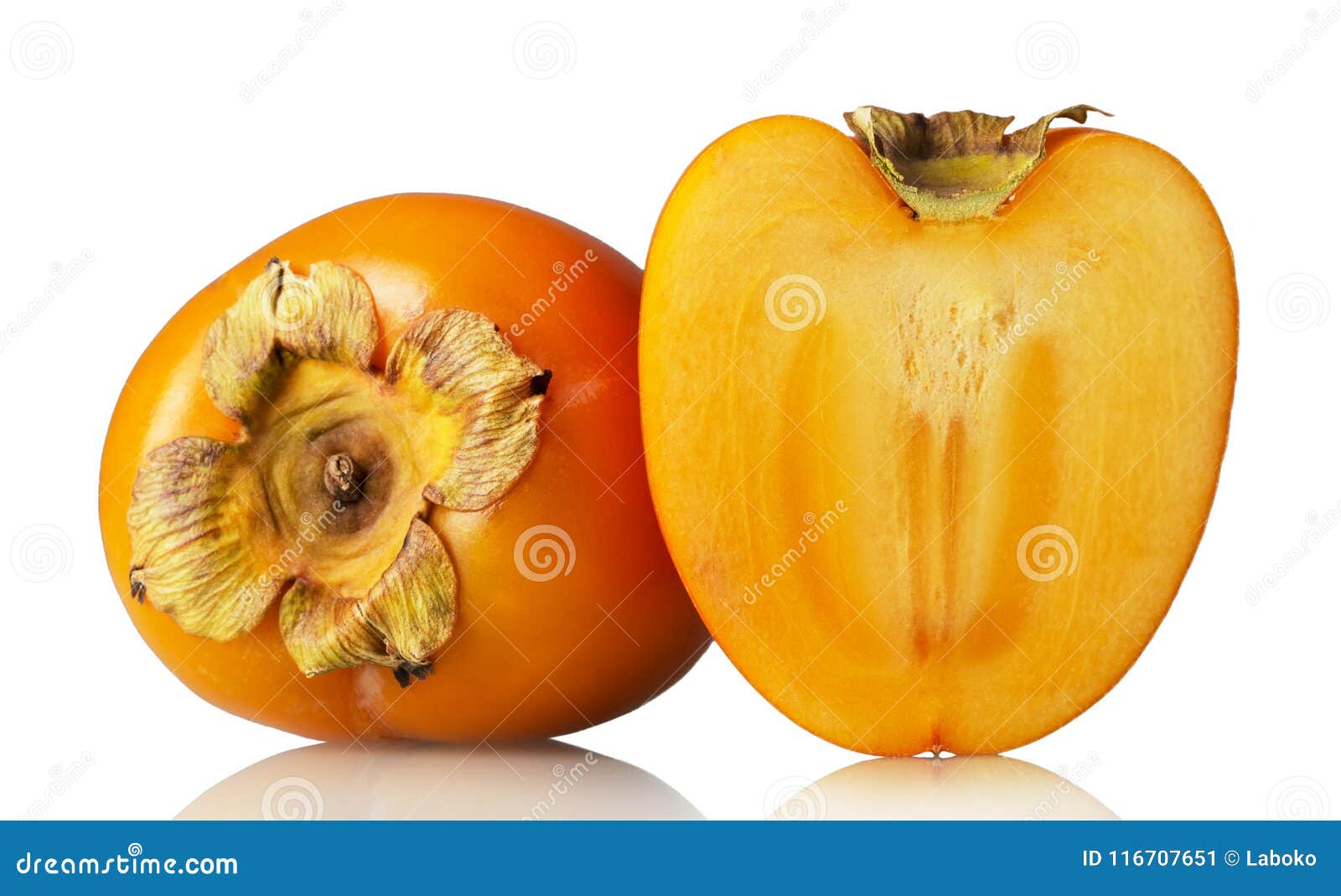 Fruit of Persimmon Cut in Half and Whole Fruit Isolated on White Stock ...