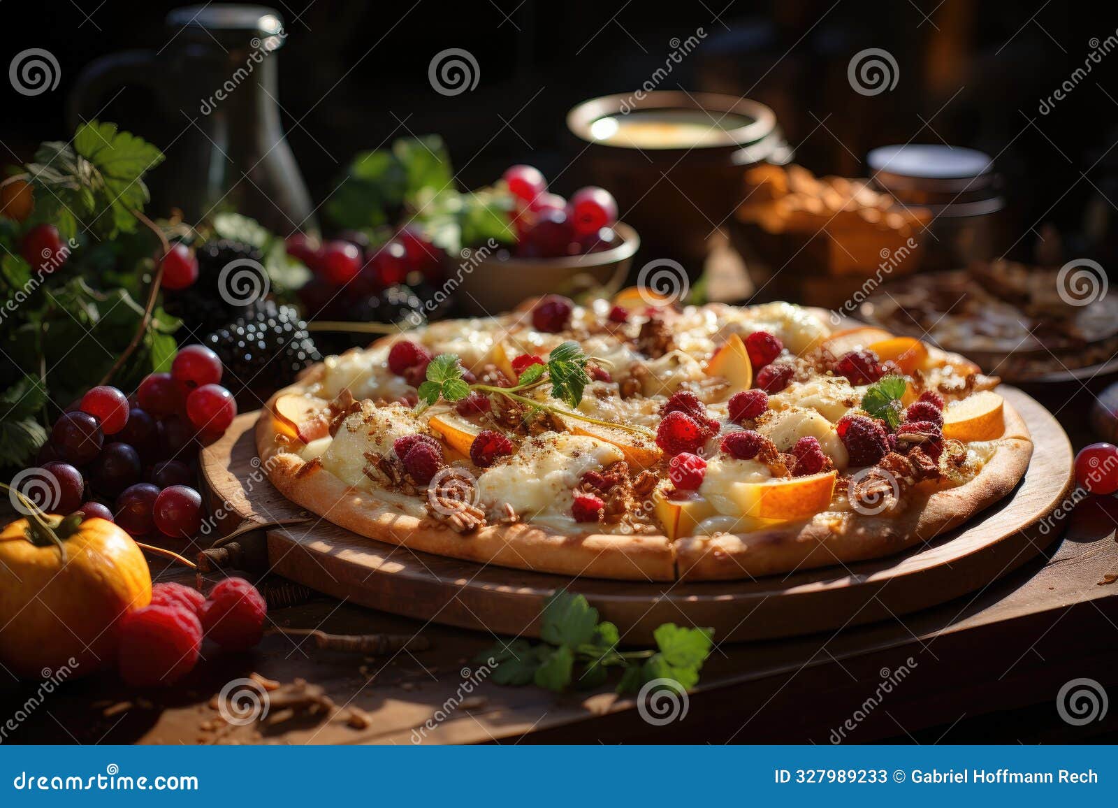 A Fruit Pie Pizza in a Fall Brunch with Falling Leaves., Generative IA ...