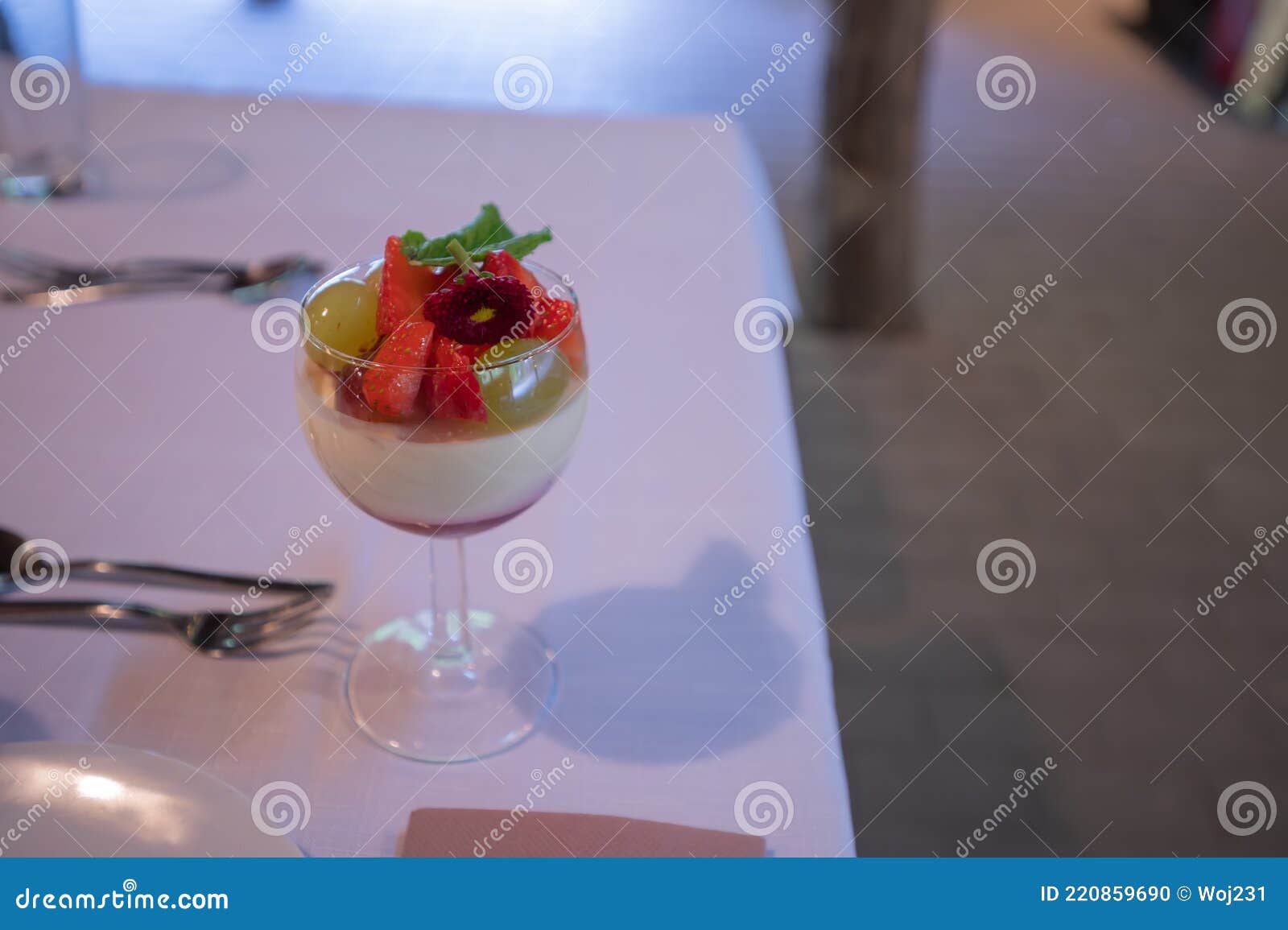 Fruit Pudding in a Glass Cup Standing on a Table Stock Photo - Image of ...