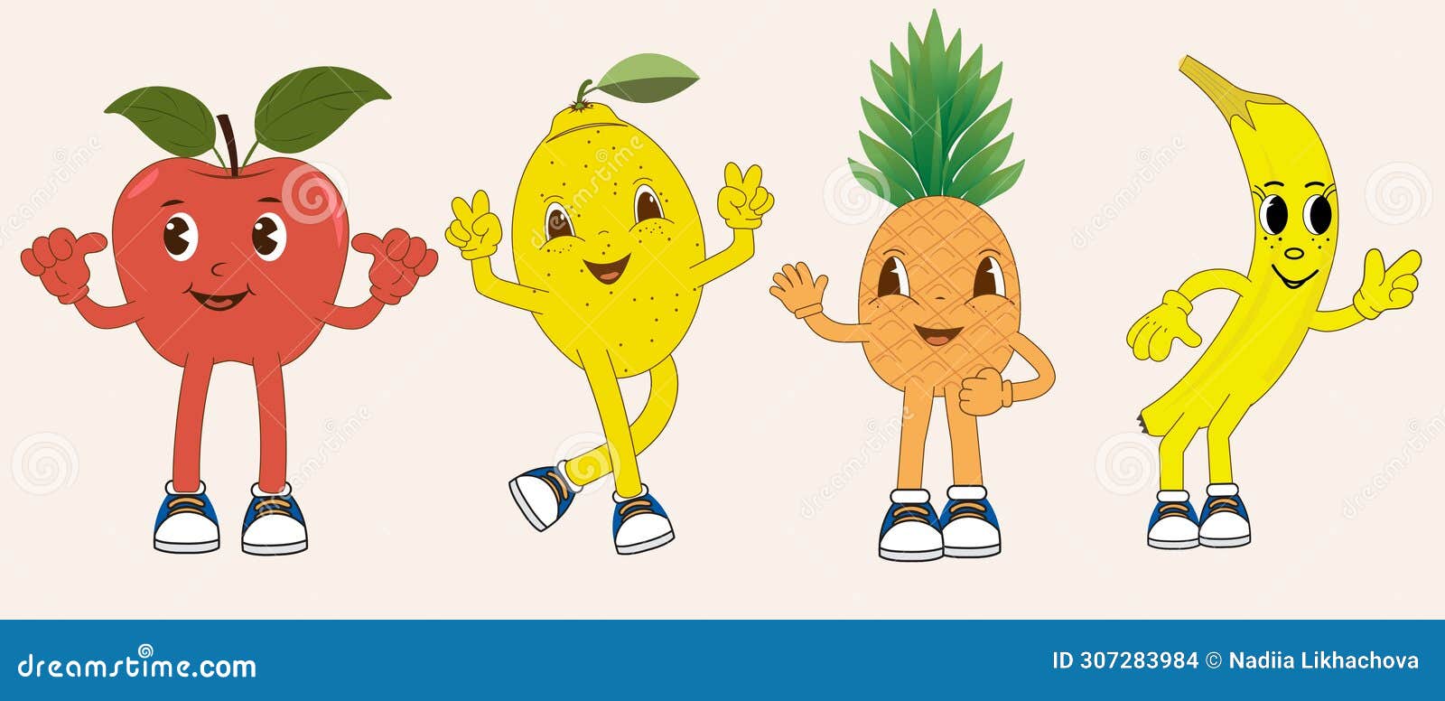 Fruit Retro Funky Cartoon Characters Stock Vector - Illustration of ...