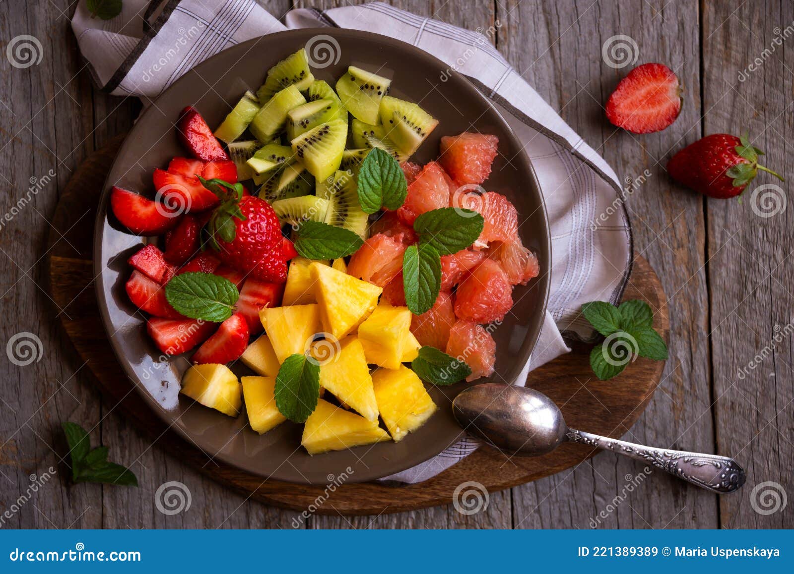 Fruit Salad with Cut Fresh Fruit and Mint Stock Image - Image of wooden ...
