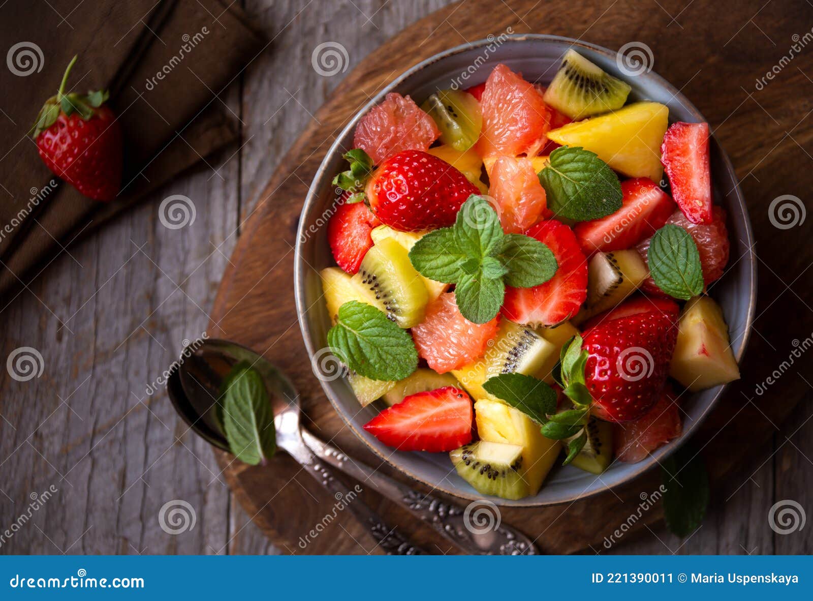 Fruit Salad with Cut Fresh Fruit and Mint Stock Image - Image of wooden ...