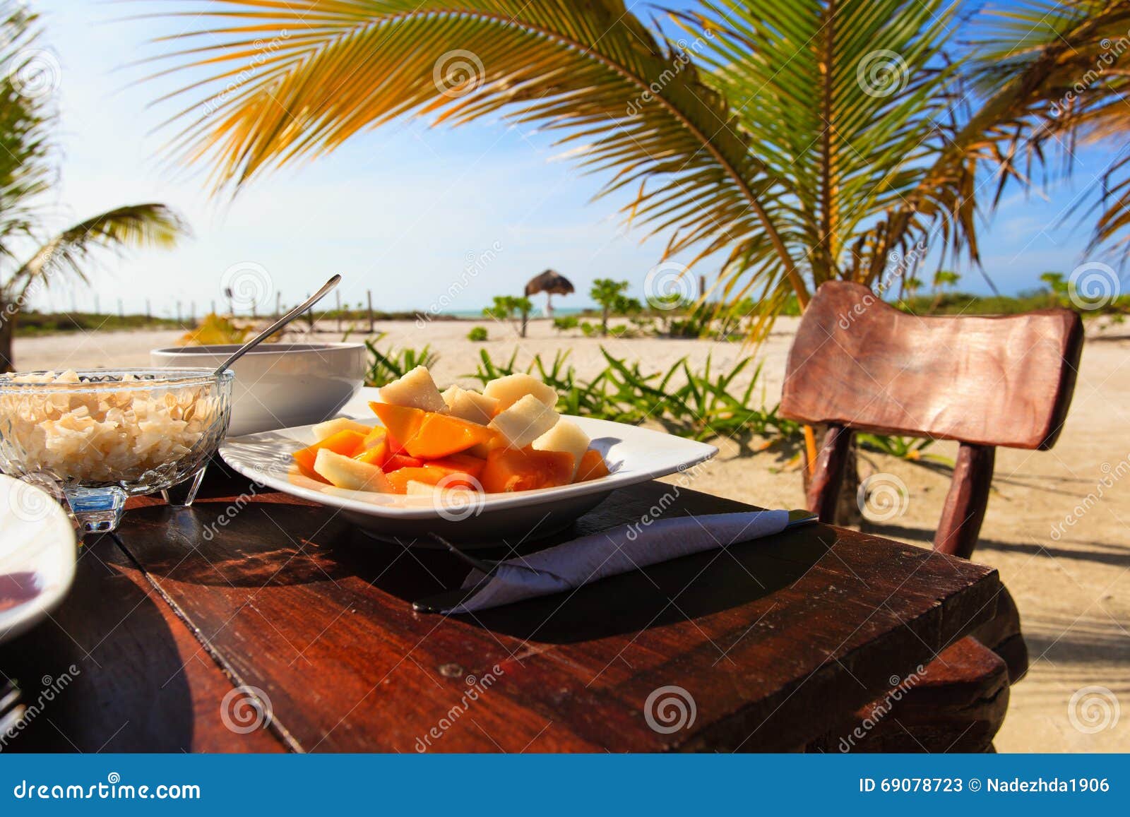 Fruit Salad and Soup Served on the Beach Stock Image - Image of green ...