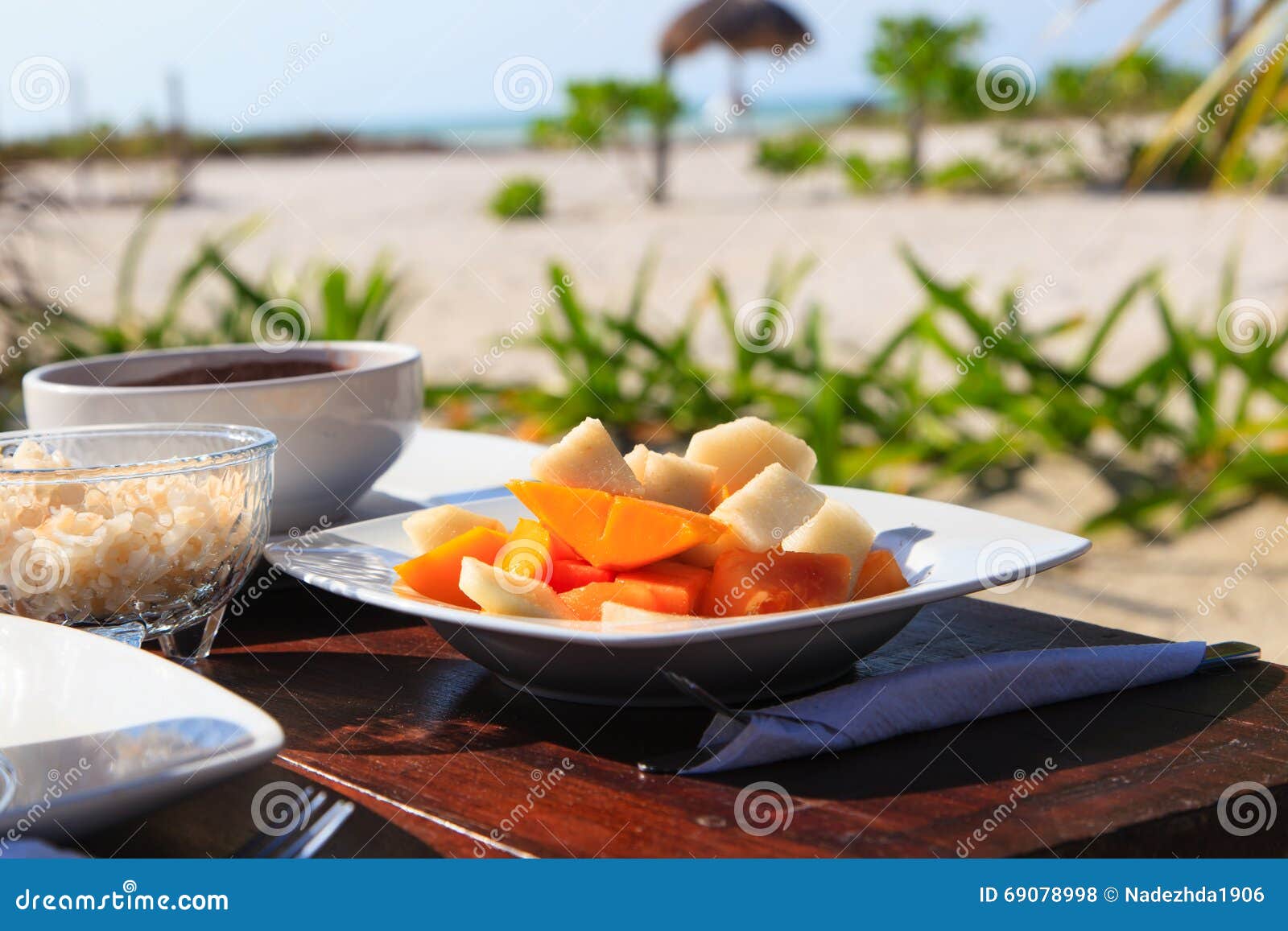 Fruit Salad and Soup Served on the Beach Stock Photo - Image of grilled ...