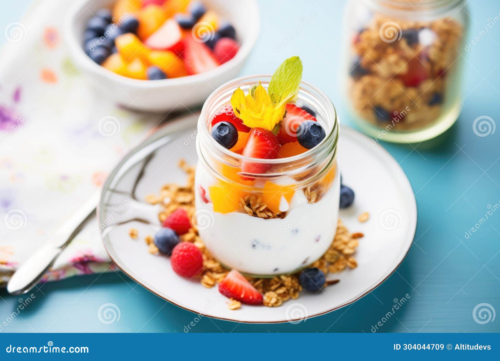 Fruit Salad with Yogurt Drizzle and Granola Topping Stock Image - Image ...