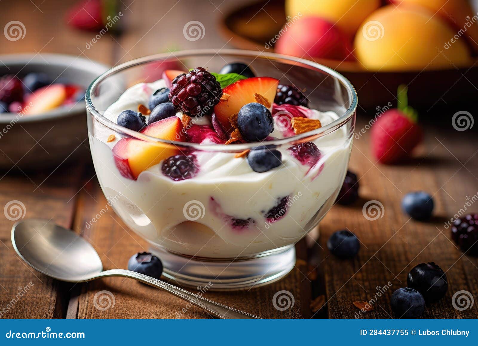 Fruit Salad with Yogurt on Table. Generative AI Stock Illustration - Illustration of strawberry ...