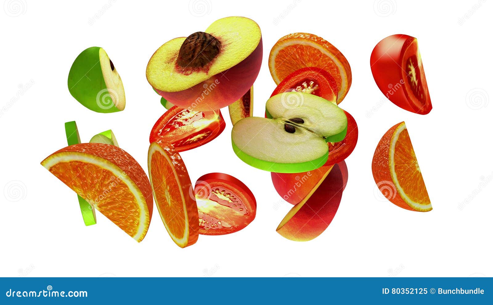 Fruit Segments on White Background, 3d Illustration Stock Illustration ...