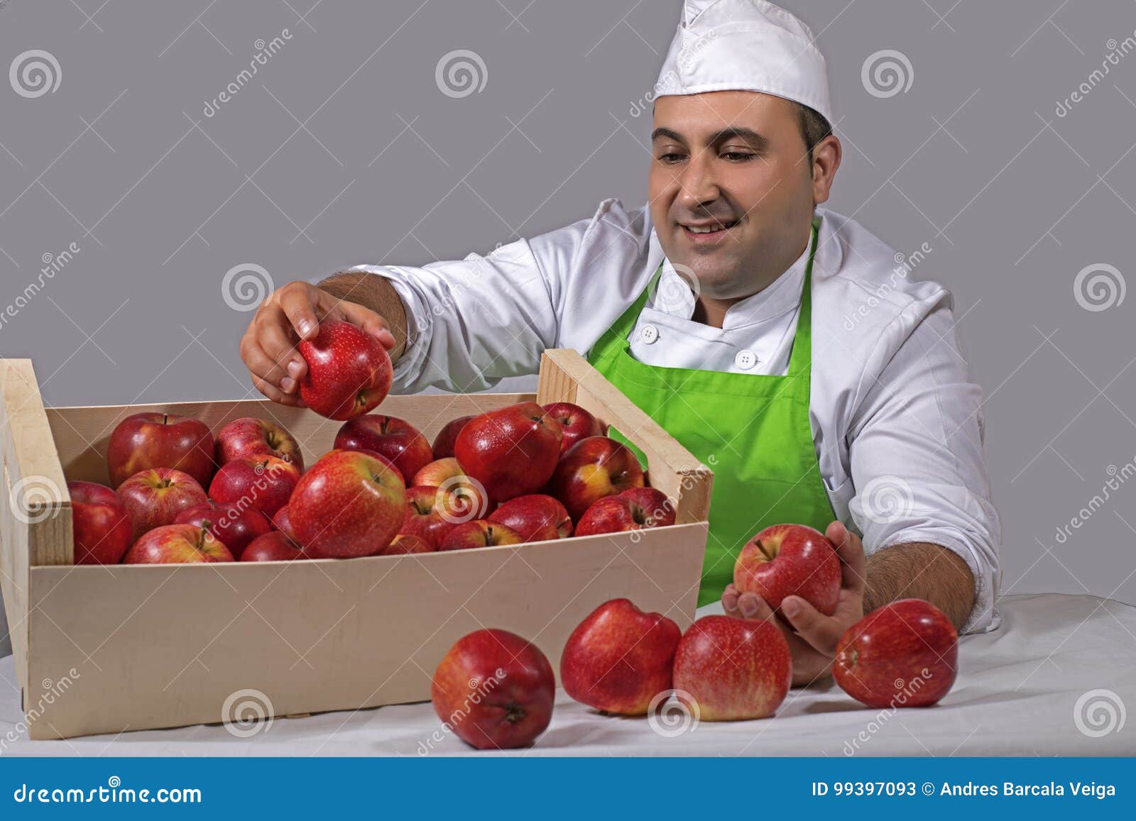 Fruit Seller with Box of Apples Stock Image - Image of mature, ordering ...