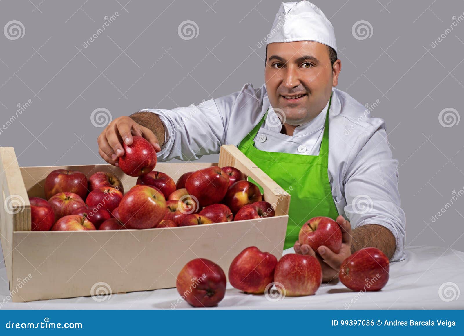 Fruit Seller with Box O Red Apples Stock Photo - Image of seller ...