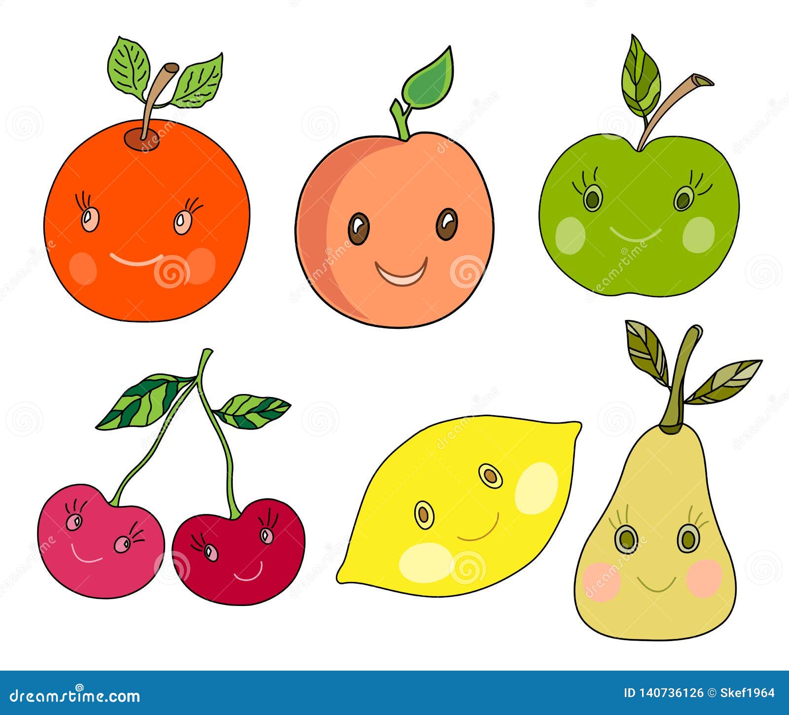 Cute Fruit in Kawaii Style. Stock Vector - Illustration of isolated ...