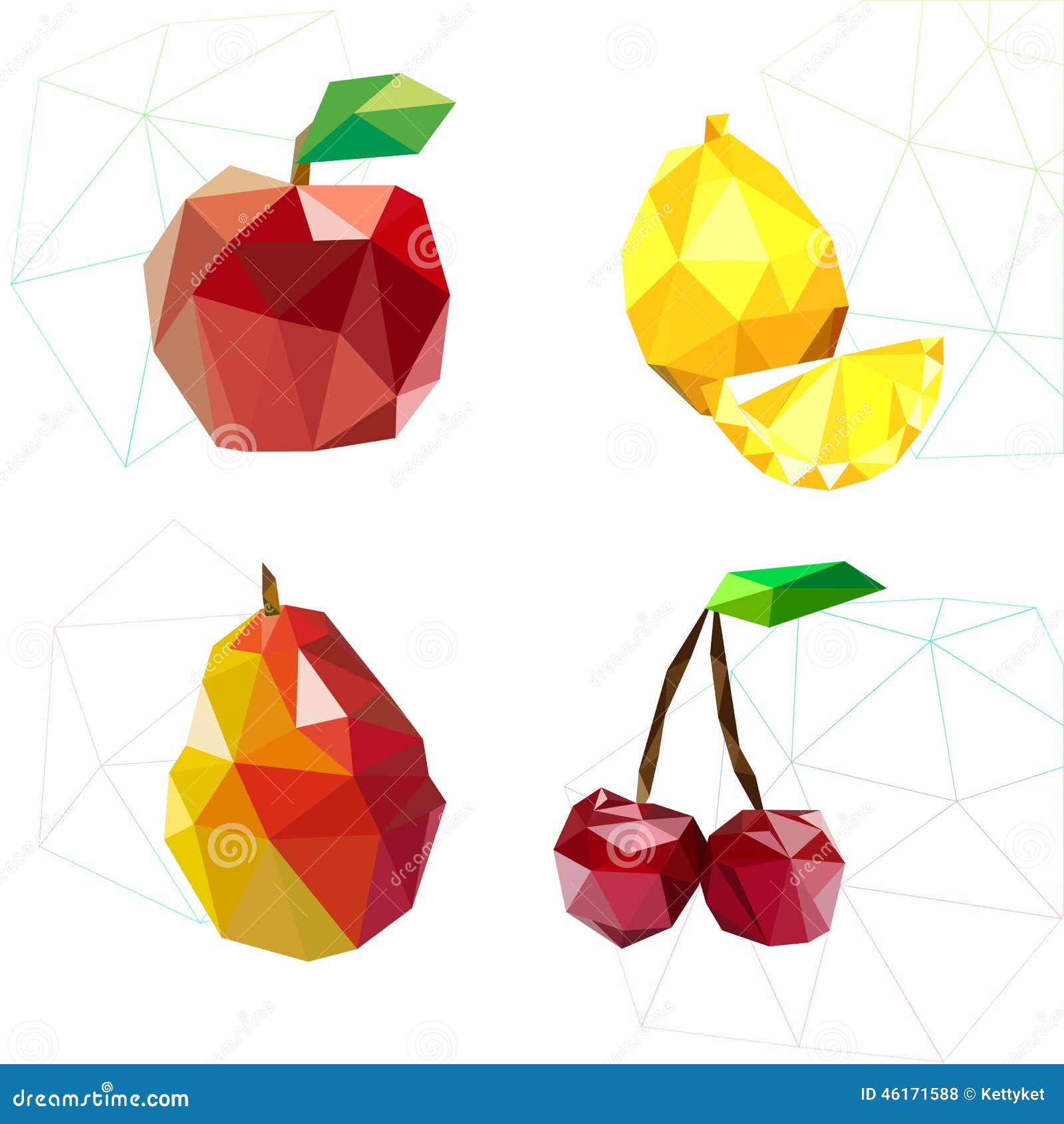 Fruit Set of Polygons . Apple, Lemon , Cherry and Pear. Vector Stock ...