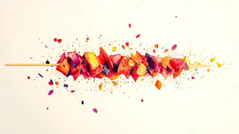 Fruit Skewer Exploding with Colorful Spices on White Background Stock ...