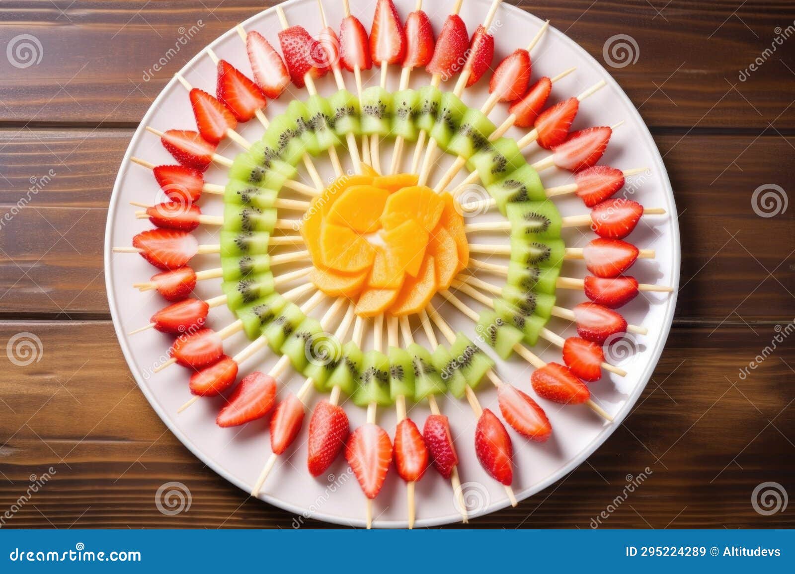 Fruit Skewers Arranged in a Circular Pattern on a Plate Stock Image ...