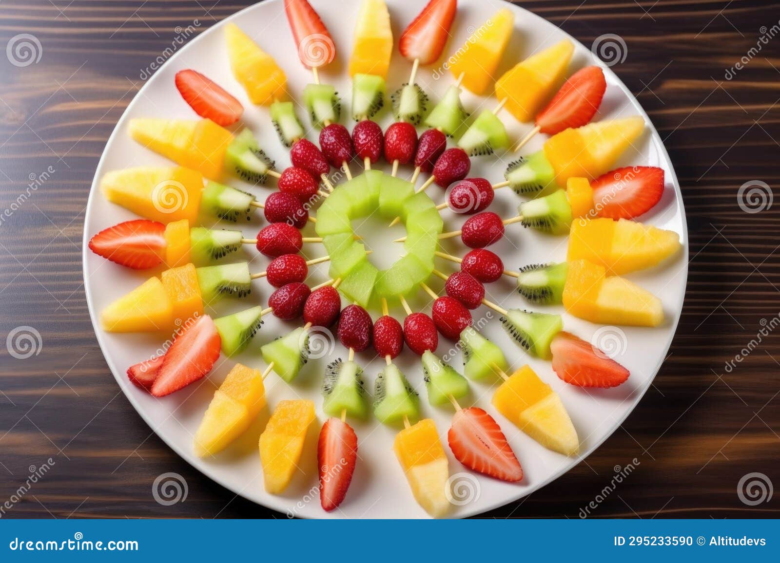Fruit Skewers Arranged in a Circular Pattern on a Plate Stock Photo ...