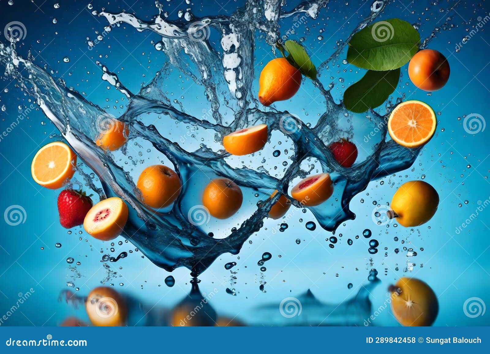 Fruit Splashing in the Water. Background is Blue, Minimalism, Digital ...