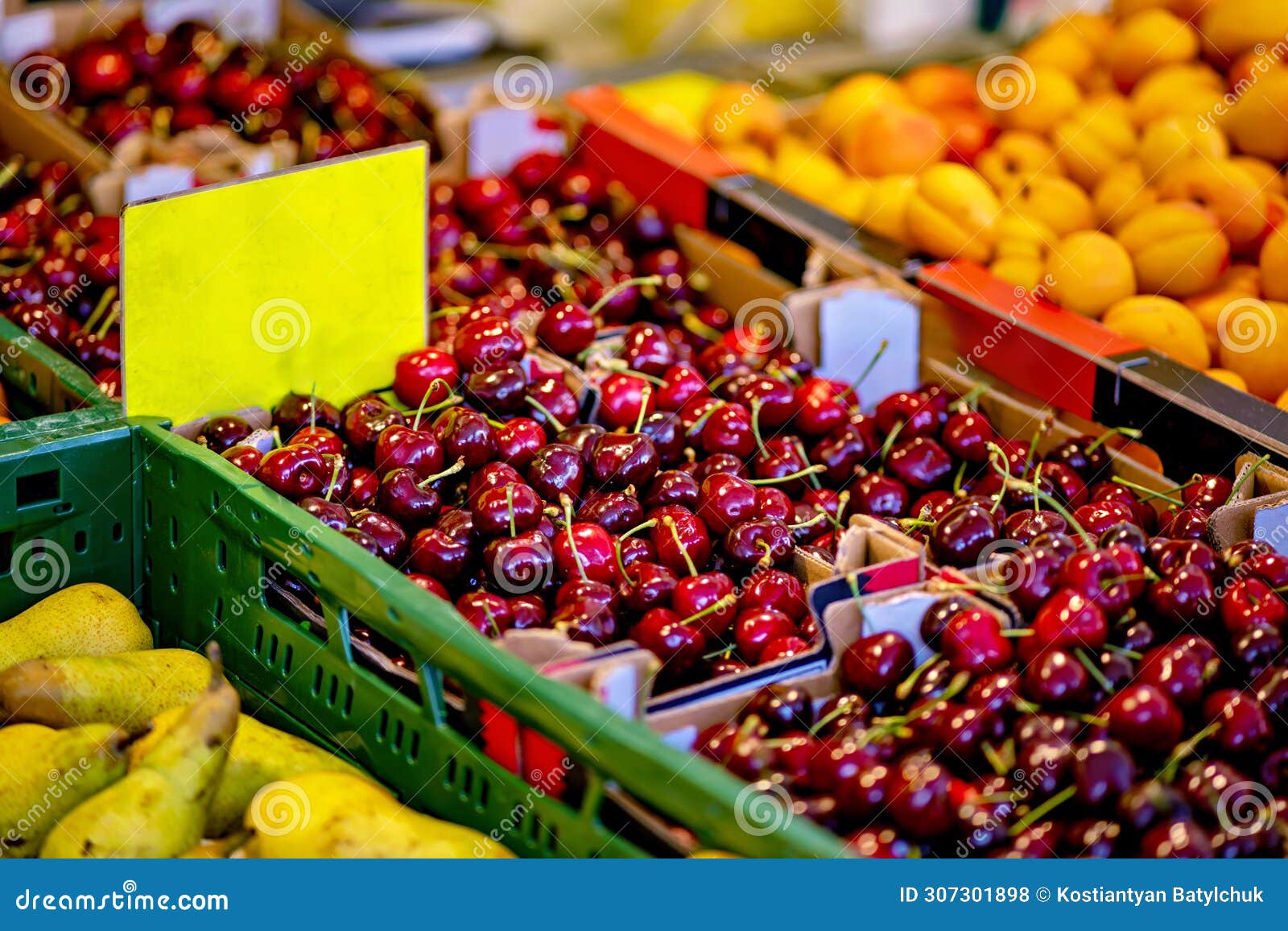 Fruit Stand with Cherries, Bananas, Oranges and Other Fruits Stock ...
