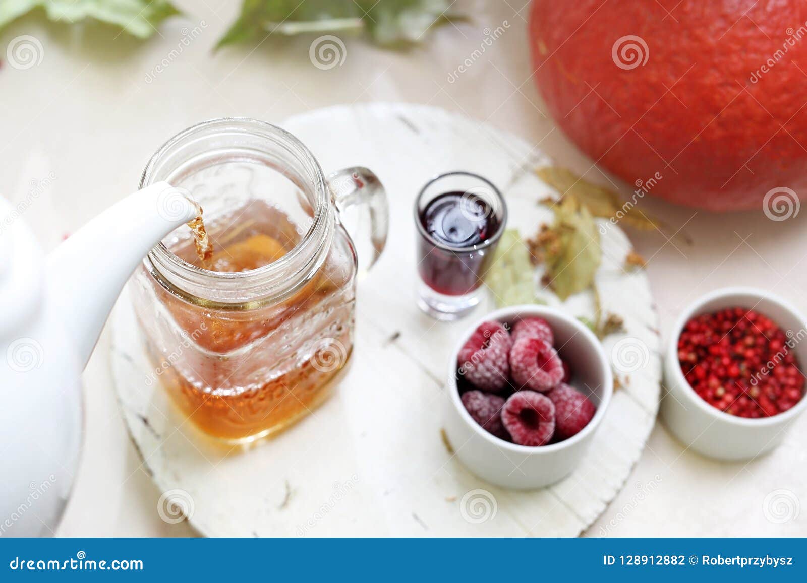 Tea with raspberries. stock photo. Image of health, heather - 128912882