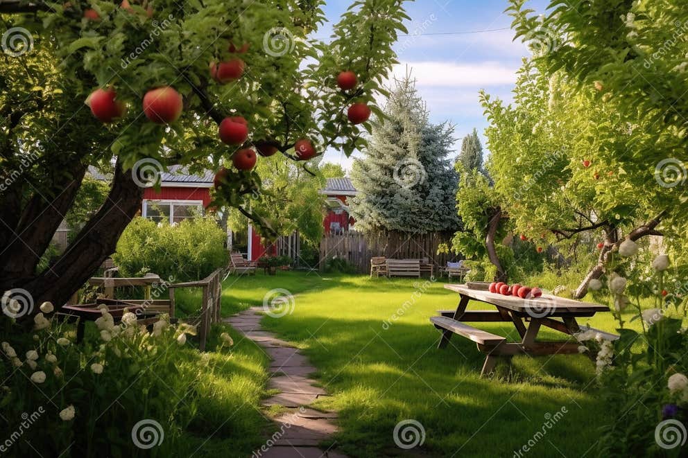 Fruit Tree Orchard in a Backyard Setting Stock Photo - Image of growth ...