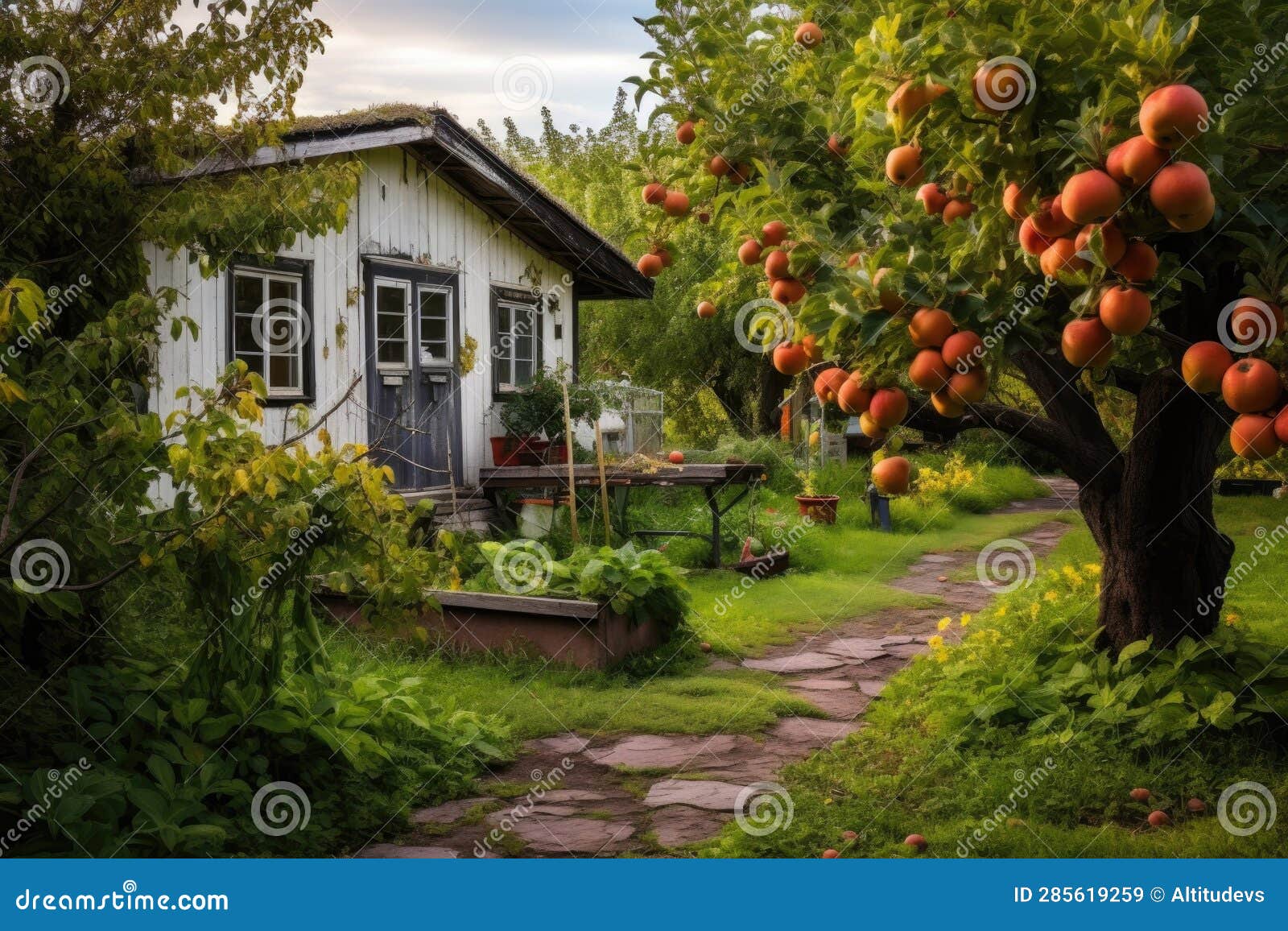 Fruit Trees in a Small Home Orchard Stock Illustration - Illustration ...