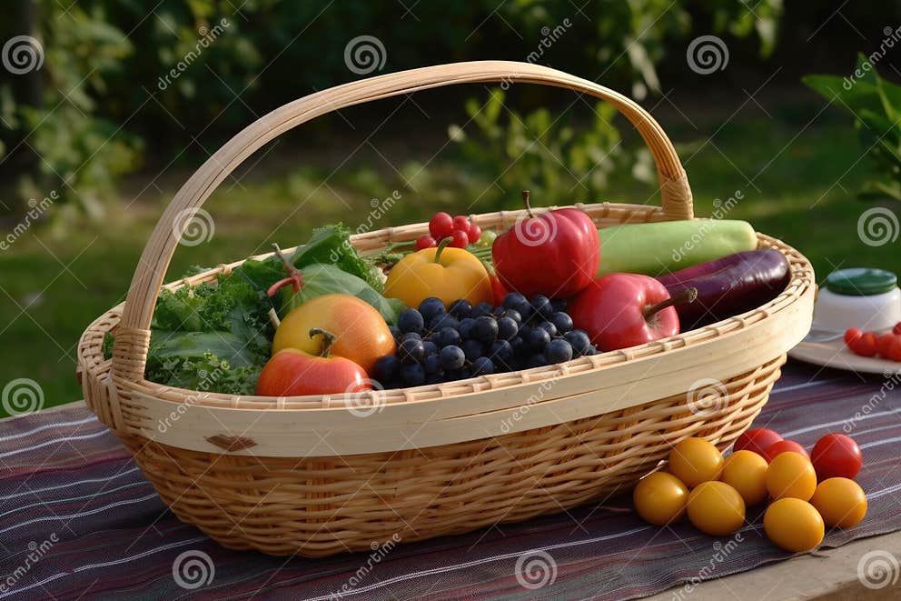 Fruit and Vegetable Basket for Picnic or Gathering Stock Image - Image ...