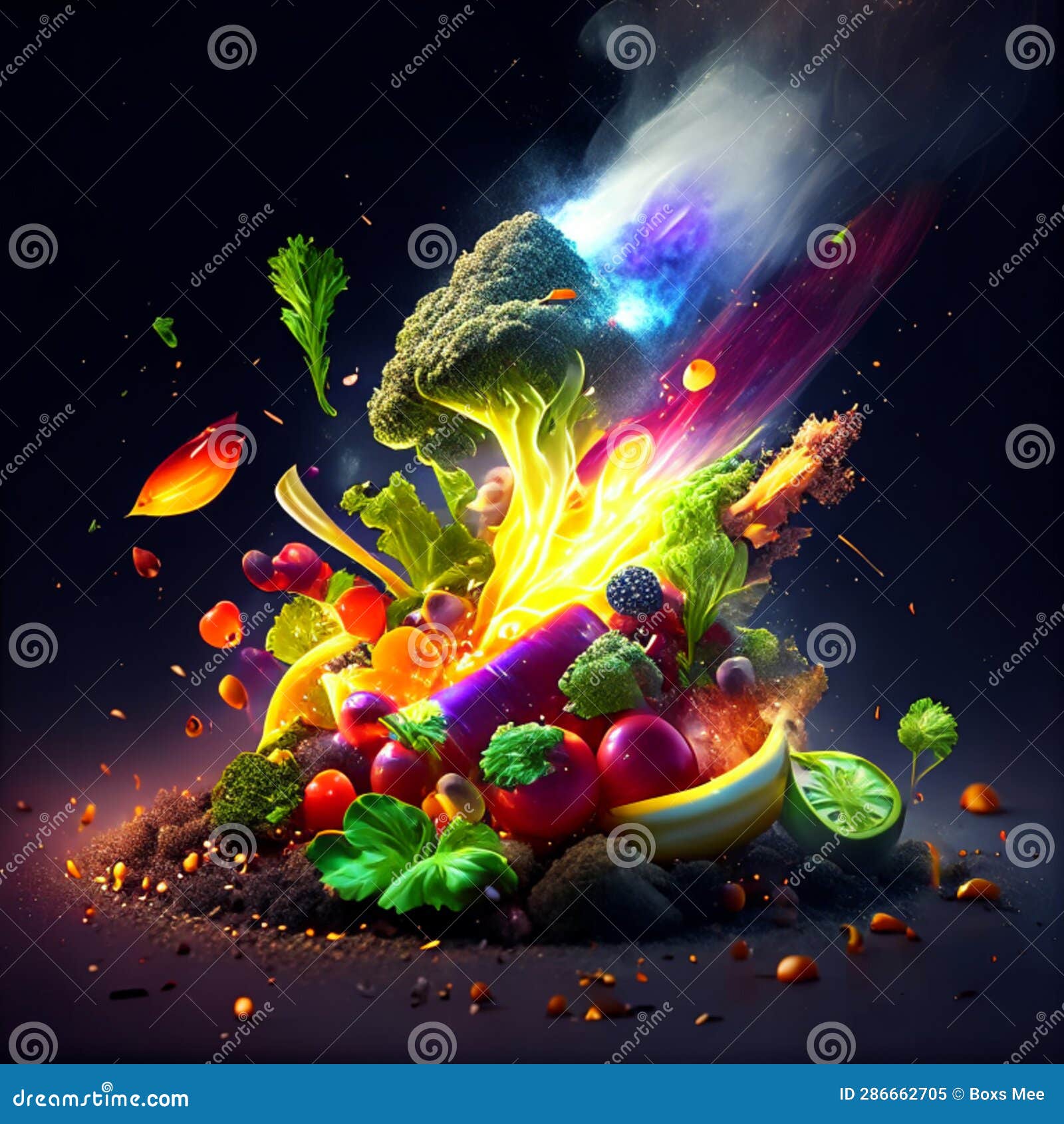 Fruit and Vegetable Explosion on Dark Background. 3d Illustration Stock ...