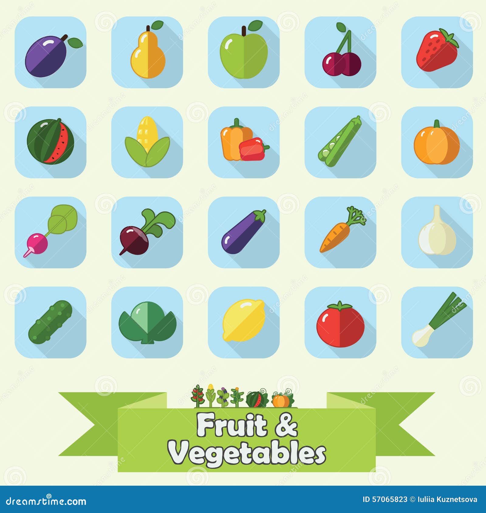 Fruit and Vegetable Flat Icon Set Stock Illustration - Illustration of ...