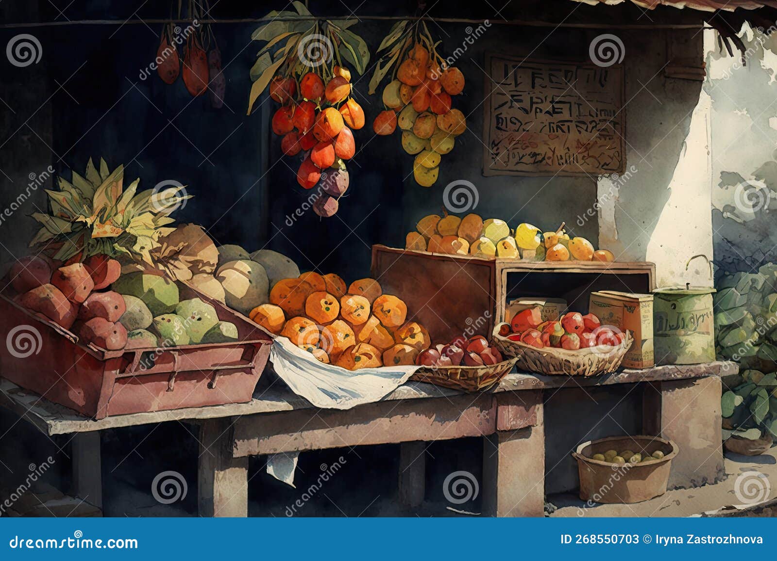 Fruit and Vegetable Stall at the Market. Watercolor Stock Illustration ...