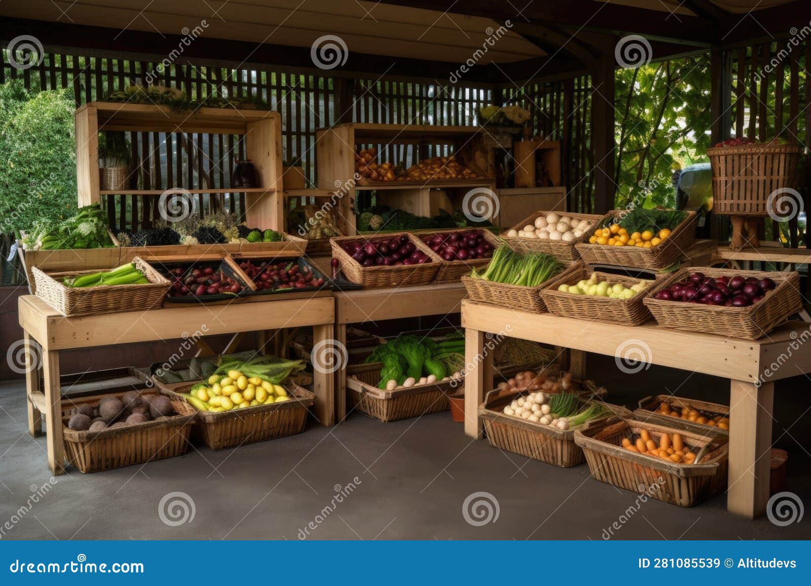 Fruit and Vegetable Stand with Fresh Produce, Crates, Bins, and Baskets ...