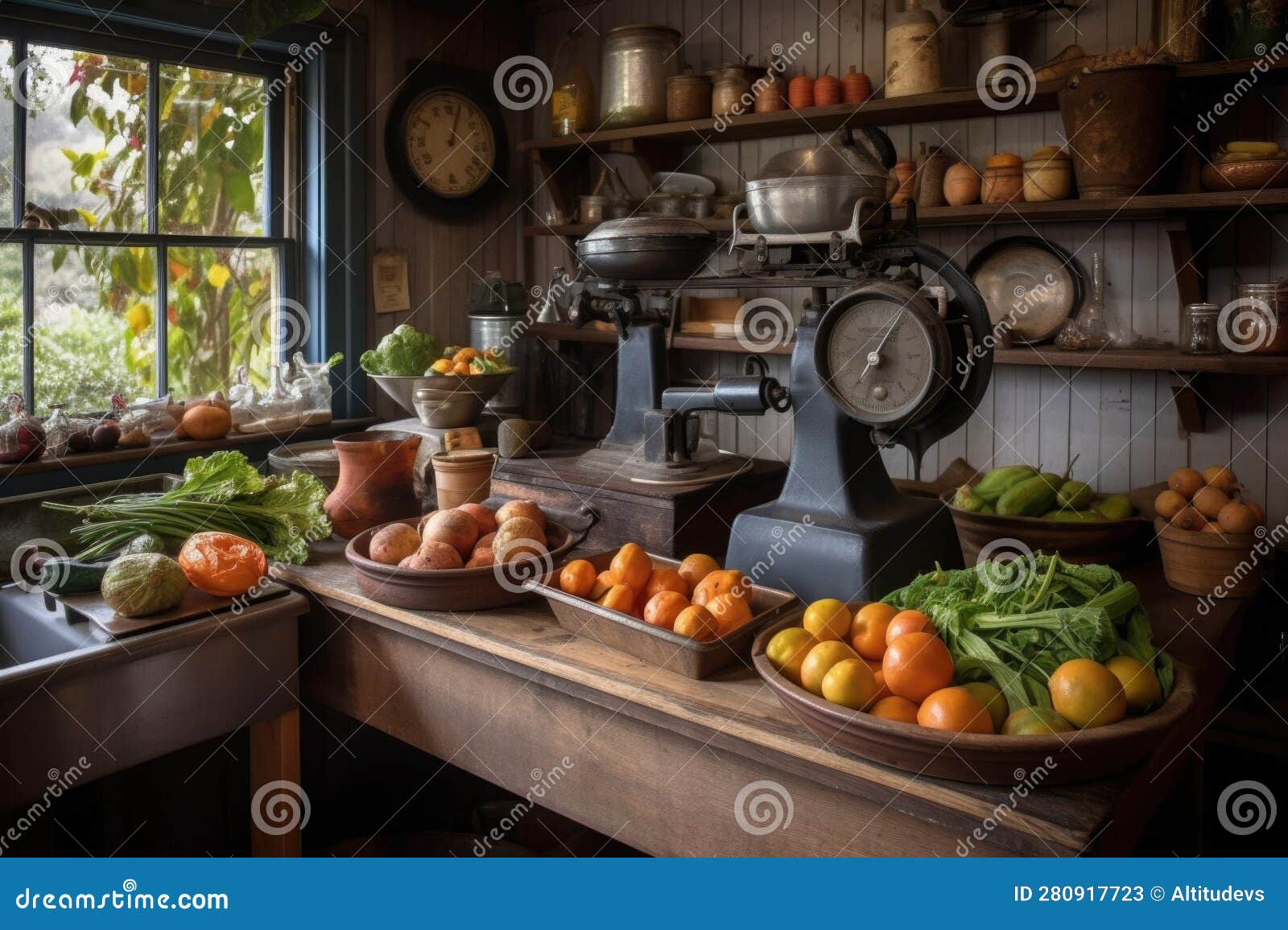 Fruit and Vegetable Stand with Old-fashioned Scales on the Counter ...