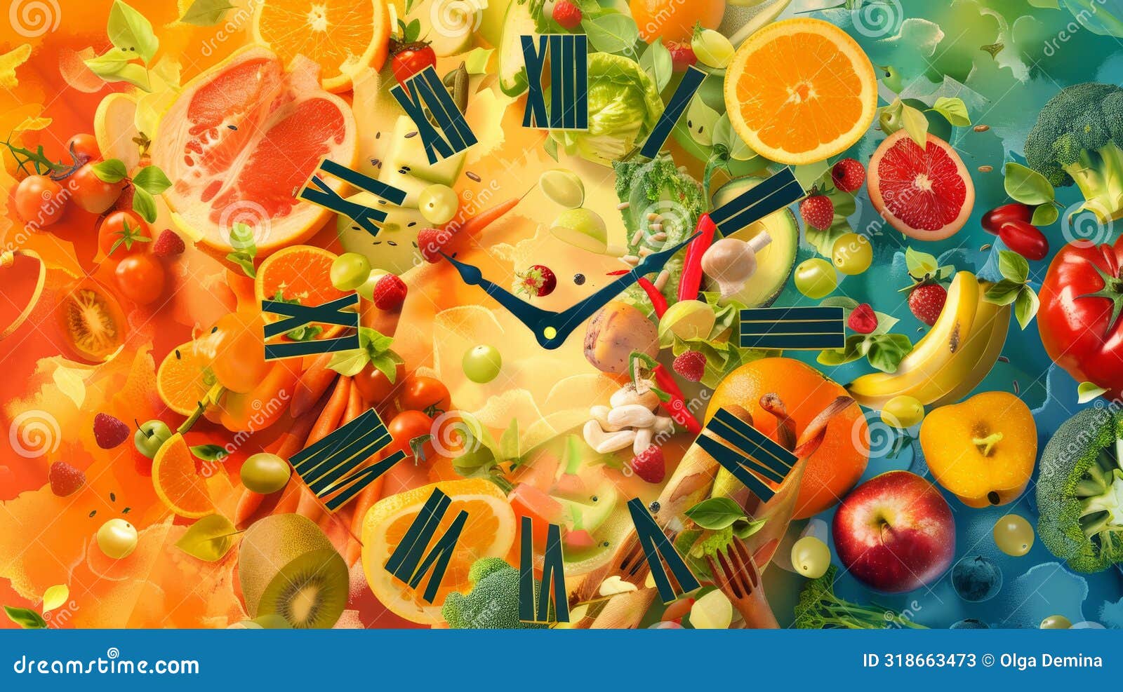 Fruit and Vegetables Forming a Clock, Healthy Eating Concept. Time for ...