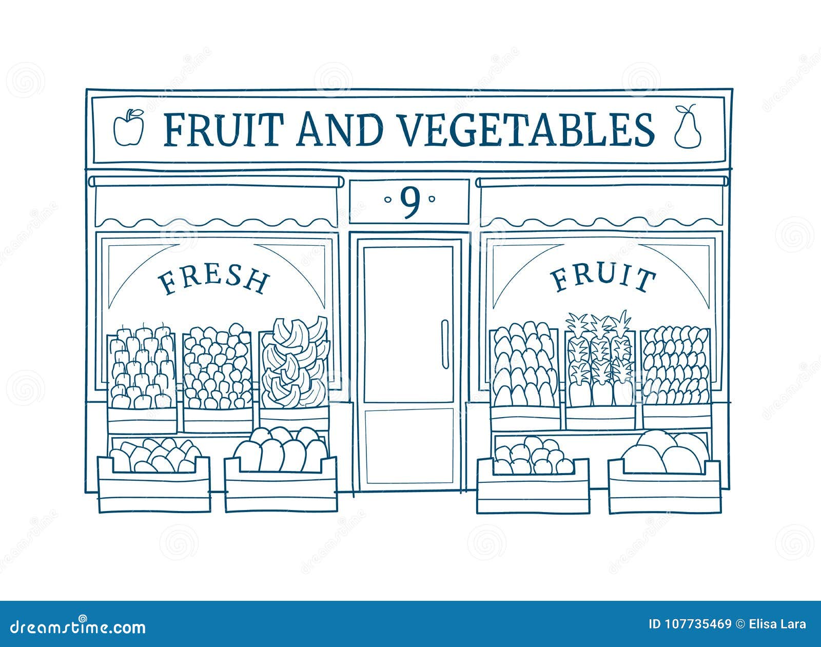 Fruit and Vegetables Store Facade Hand Drawn Vector Illustration Stock ...