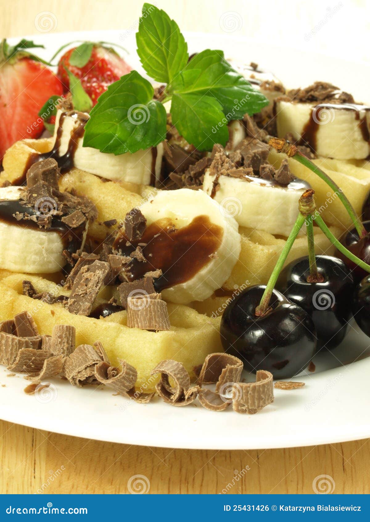 Fruit waffles stock photo. Image of dessert, mint, cherries - 25431426