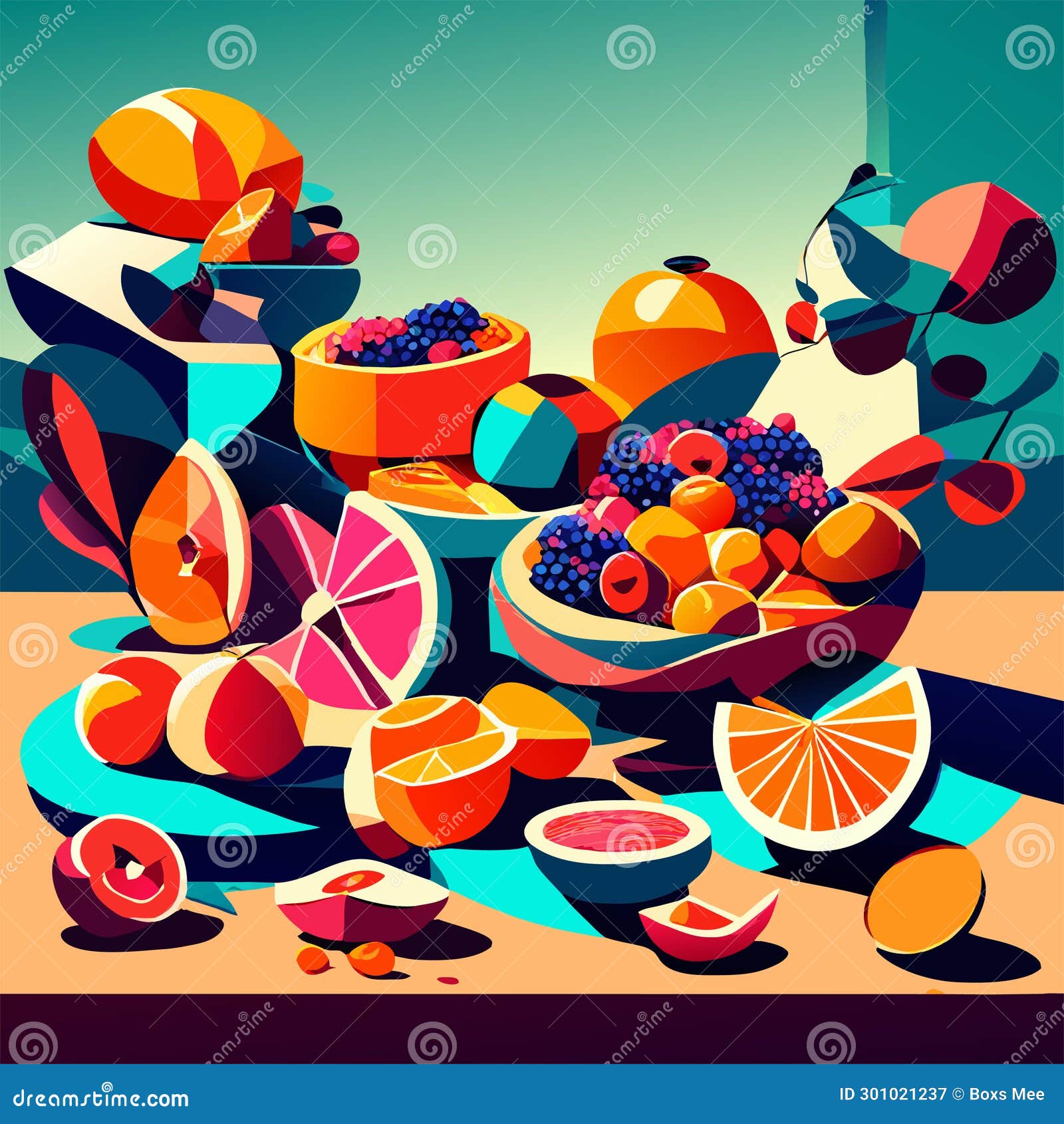 Fruits and Berries on the Table. Vector Illustration in Cartoon Style ...