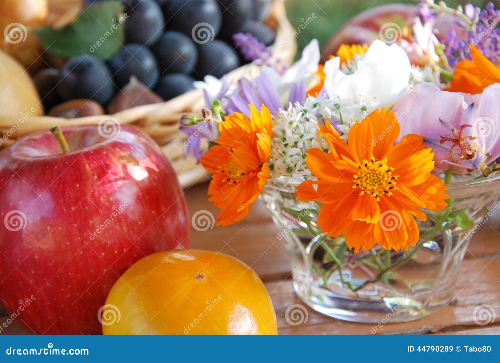Fruits and cosmos stock image. Image of autumn, basket - 44790289