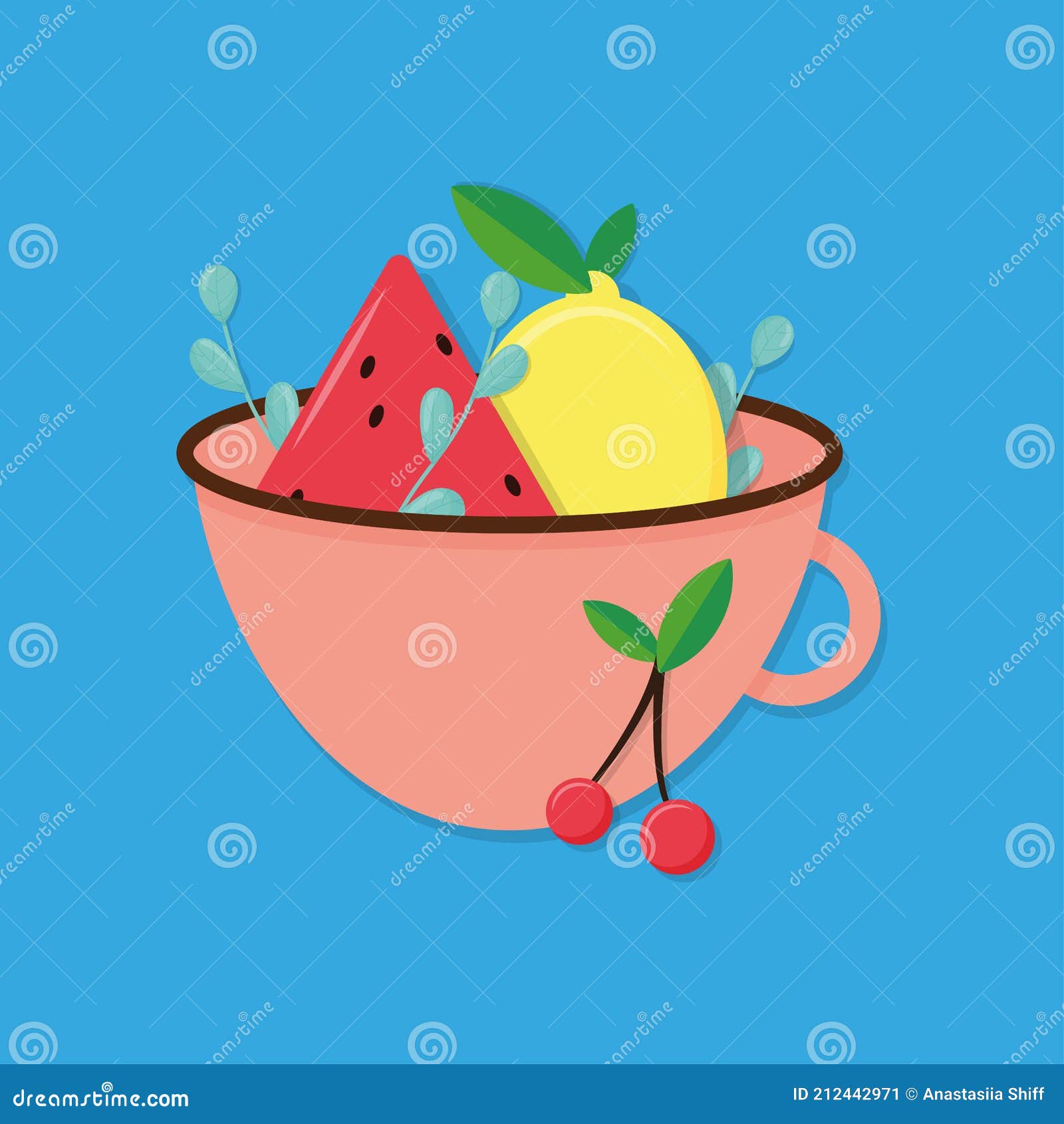 Fruits in Cup on Bright Blue Background. Vector Illustration Stock ...