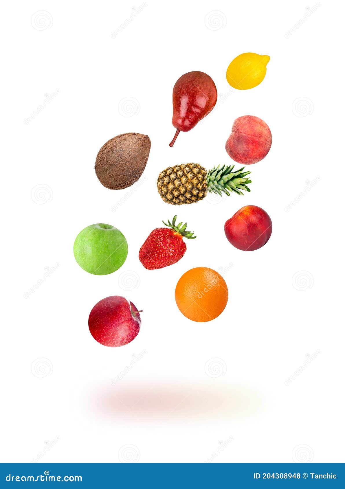 Fruits Fly and Fall Isolated on White. Set of Orange, Apple, Lemon ...