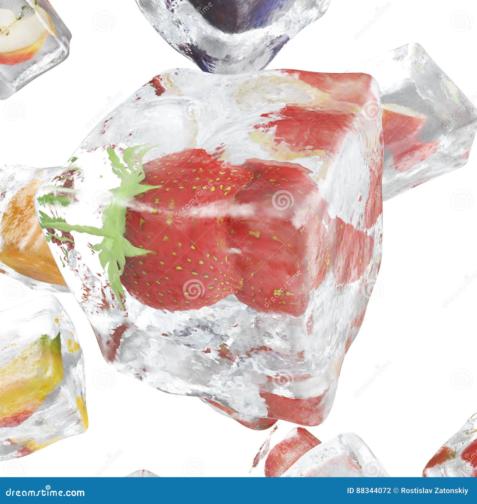Fruits Frozen In Ice Cube, Ice Cube In Front View, Single Ice Cube ...