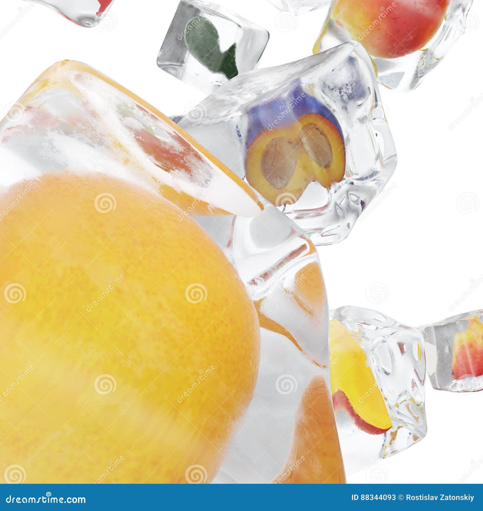 Fruits Frozen In Ice Cube, Ice Cube In Front View, Single Ice Cube ...