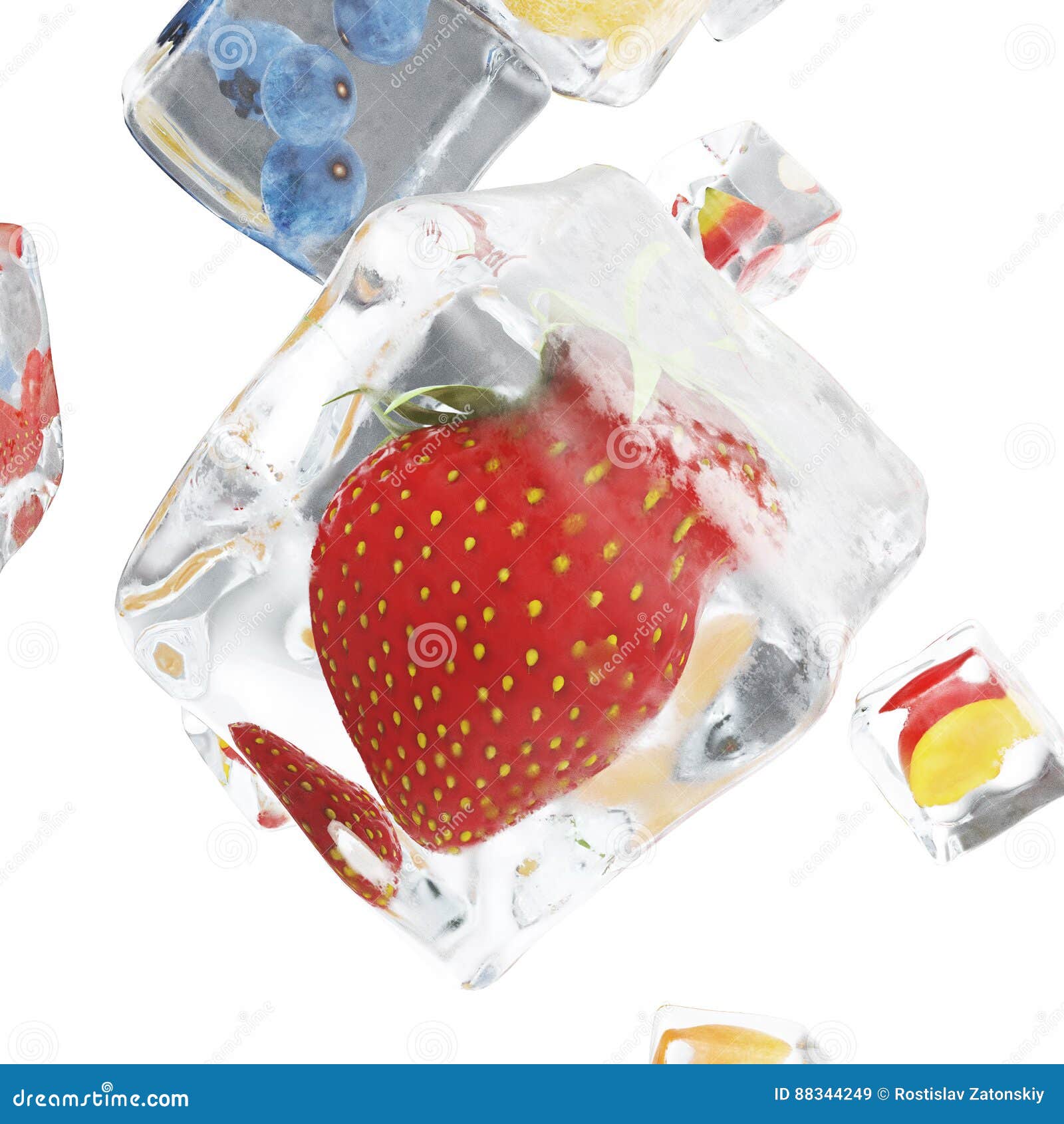 Fruits Frozen In Ice Cube, Ice Cube In Front View, Single Ice Cube ...