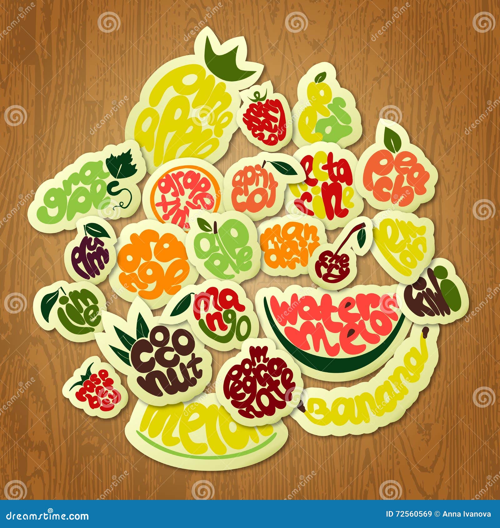 Fruits lettering on wood stock illustration. Illustration of ...