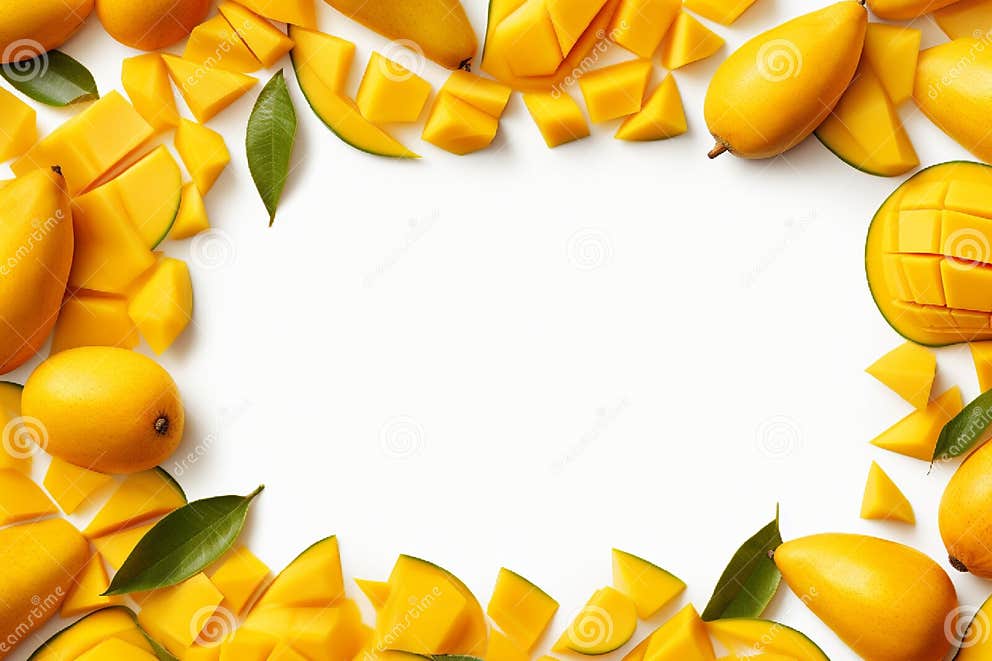 Fruits, Mango Slices, and Lemon Frame for Text on a White Background ...