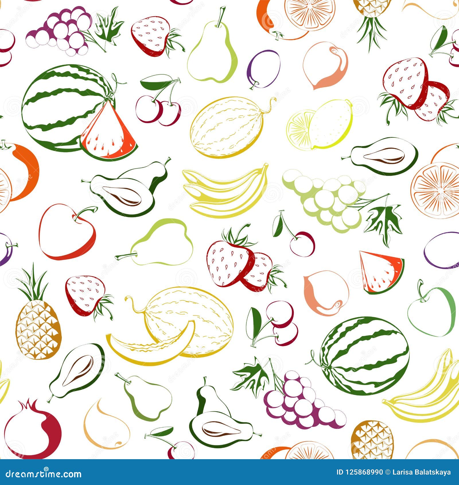 Fruits Pattern. Seamless Background. Coloured Isolated Contour Stock ...