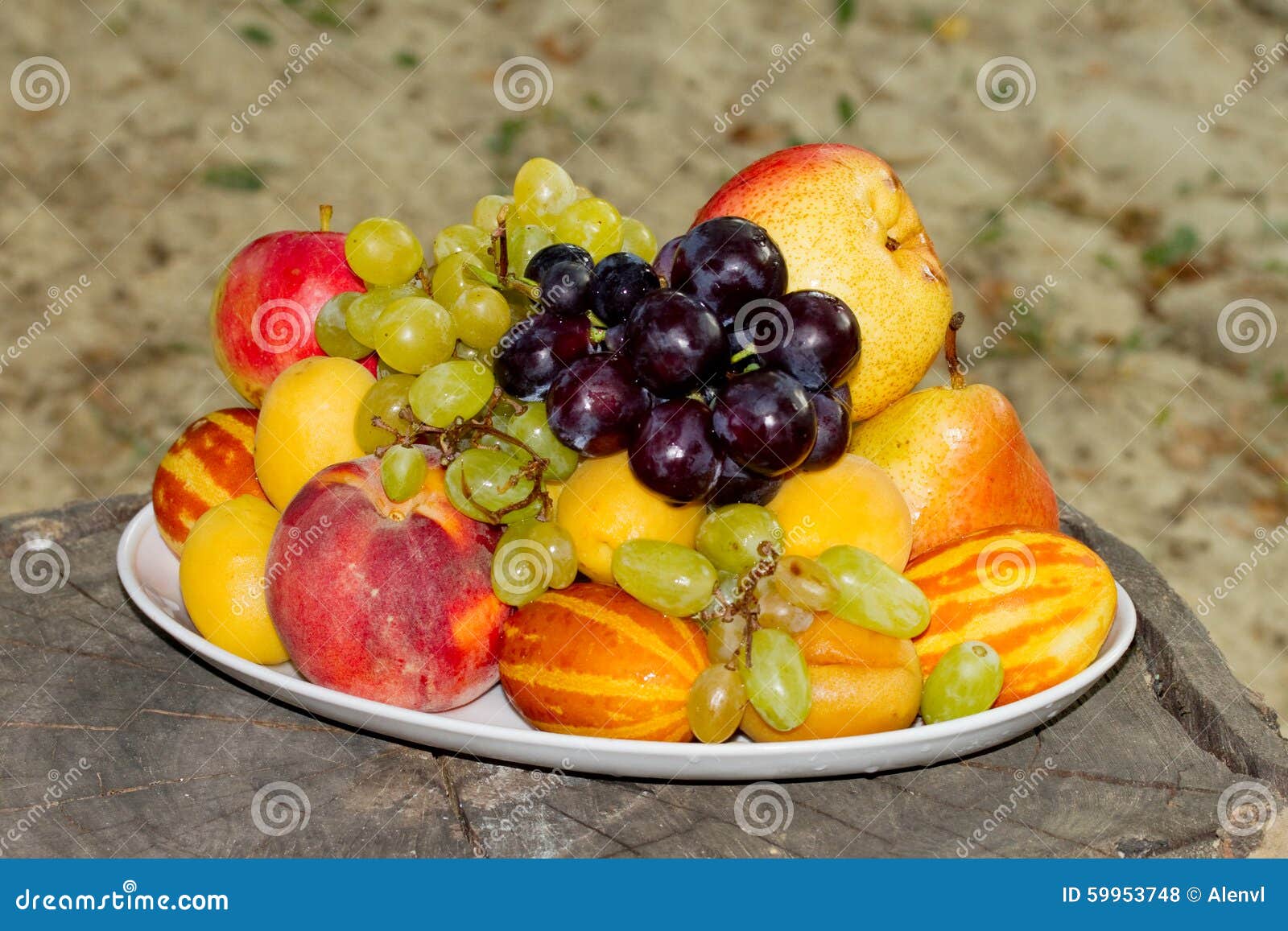 Fruits on a Plate on a Big Old Tree Stump Stock Photo - Image of garden ...